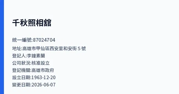 千秋照相舘的照片-統編 87024704(高雄市) 公司登記資料與營業項目詳細圖表