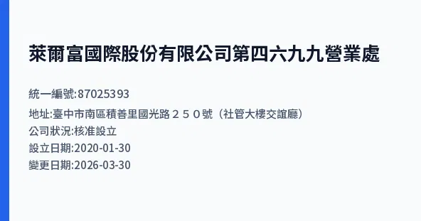 萊爾富國際股份有限公司第四六九九營業處的照片-統編 87025393(臺中市) 公司登記資料與營業項目詳細圖表
