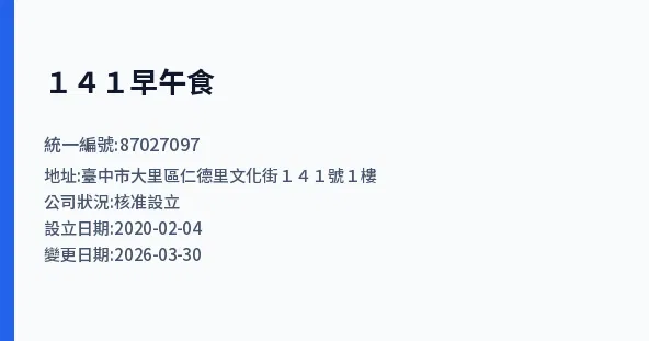 141早午食的照片-統編 87027097(臺中市) 公司登記資料與營業項目詳細圖表