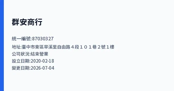群安商行的照片-統編 87030327(臺中市) 公司登記資料與營業項目詳細圖表