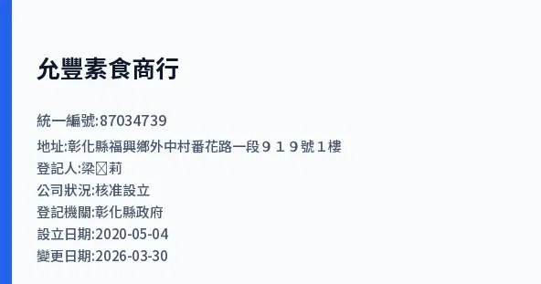 允豐素食商行的照片-統編 87034739(彰化縣) 公司登記資料與營業項目詳細圖表
