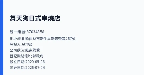 舞天狗日式串燒店的照片-統編 87034858(彰化縣) 公司登記資料與營業項目詳細圖表