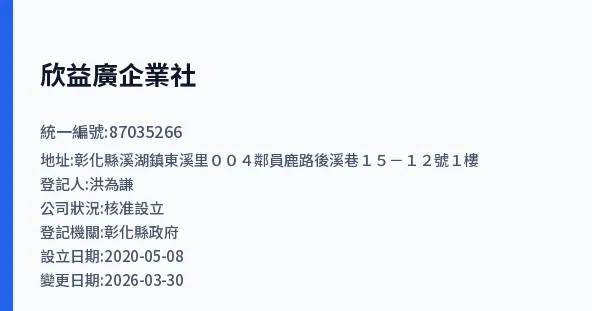 欣益廣企業社的照片-統編 87035266(彰化縣) 公司登記資料與營業項目詳細圖表