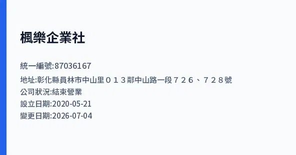 楓樂企業社的照片-統編 87036167(彰化縣) 公司登記資料與營業項目詳細圖表