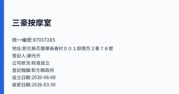 三豪按摩室的照片-統編 87037285(彰化縣) 公司登記資料與營業項目詳細圖表
