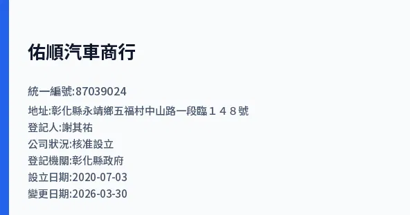 佑順汽車商行的照片-統編 87039024(彰化縣) 公司登記資料與營業項目詳細圖表