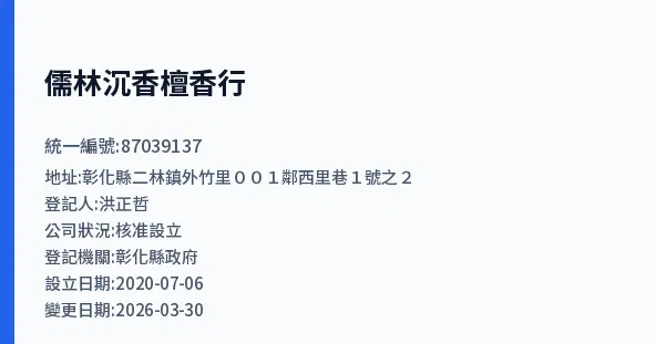 儒林沉香檀香行的照片-統編 87039137(彰化縣) 公司登記資料與營業項目詳細圖表