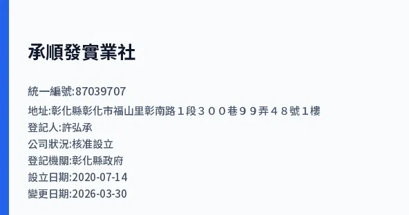 承順發實業社的照片-統編 87039707(彰化縣) 公司登記資料與營業項目詳細圖表