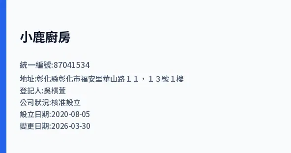 小鹿廚房的照片-統編 87041534(彰化縣) 公司登記資料與營業項目詳細圖表