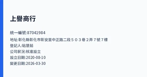 上譽商行的照片-統編 87041984(彰化縣) 公司登記資料與營業項目詳細圖表