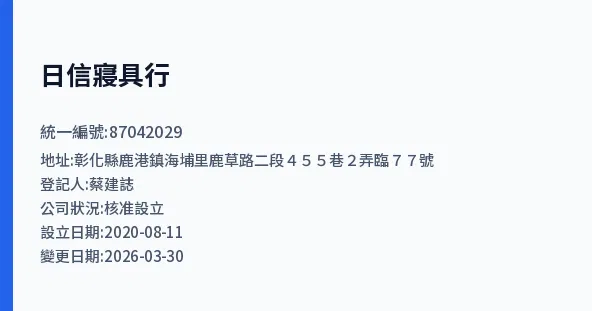 日信寢具行的照片-統編 87042029(彰化縣) 公司登記資料與營業項目詳細圖表