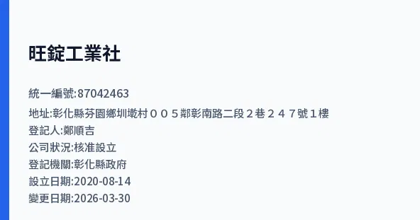 旺錠工業社的照片-統編 87042463(彰化縣) 公司登記資料與營業項目詳細圖表