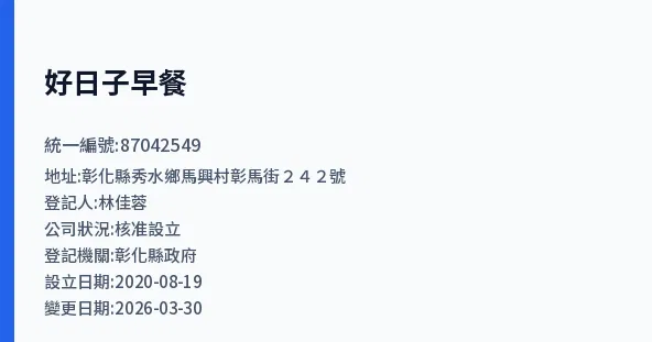 好日子早餐的照片-統編 87042549(彰化縣) 公司登記資料與營業項目詳細圖表