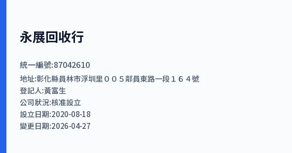 永展回收行的照片-統編 87042610(彰化縣) 公司登記資料與營業項目詳細圖表