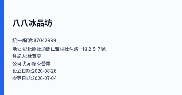 八八冰品坊的照片-統編 87042999(彰化縣) 公司登記資料與營業項目詳細圖表