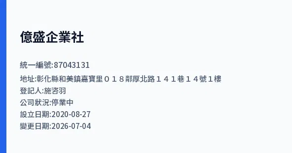 億盛企業社的照片-統編 87043131(彰化縣) 公司登記資料與營業項目詳細圖表