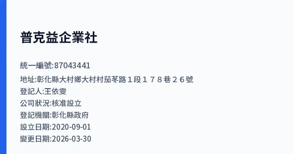 普克益企業社的照片-統編 87043441(彰化縣) 公司登記資料與營業項目詳細圖表
