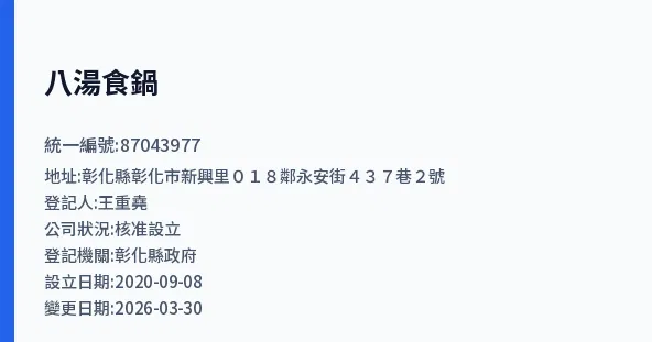 八湯食鍋的照片-統編 87043977(彰化縣) 公司登記資料與營業項目詳細圖表