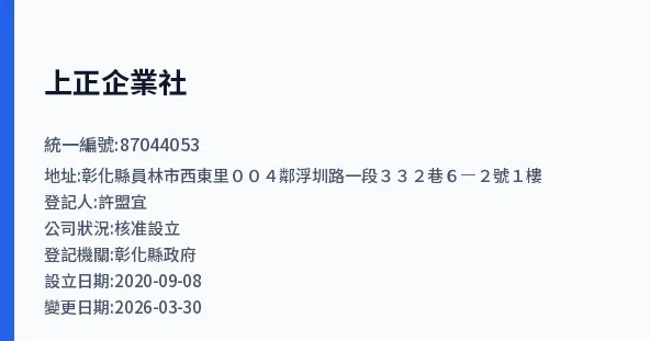 上正企業社的照片-統編 87044053(彰化縣) 公司登記資料與營業項目詳細圖表