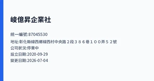 峻億昇企業社的照片-統編 87045530(彰化縣) 公司登記資料與營業項目詳細圖表