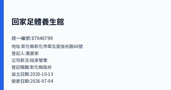 回家足體養生館的照片-統編 87046799(彰化縣) 公司登記資料與營業項目詳細圖表