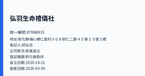 弘羽生命禮儀社的照片-統編 87046931(彰化縣) 公司登記資料與營業項目詳細圖表