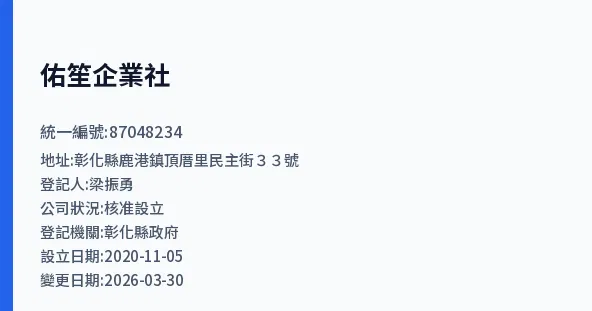 佑笙企業社的照片-統編 87048234(彰化縣) 公司登記資料與營業項目詳細圖表