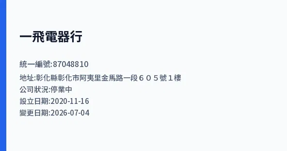 一飛電器行的照片-統編 87048810(彰化縣) 公司登記資料與營業項目詳細圖表