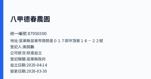 八甲德春農園的照片-統編 87050300(苗栗縣) 公司登記資料與營業項目詳細圖表