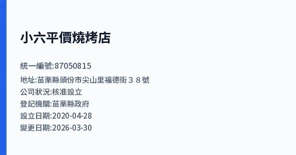 小六平價燒烤店的照片-統編 87050815(苗栗縣) 公司登記資料與營業項目詳細圖表