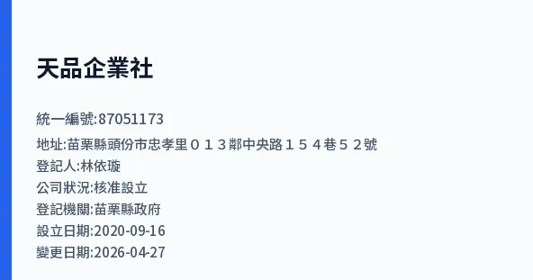 天品企業社的照片-統編 87051173(苗栗縣) 公司登記資料與營業項目詳細圖表