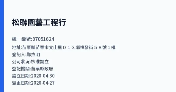 松聯園藝工程行的照片-統編 87051624(苗栗縣) 公司登記資料與營業項目詳細圖表