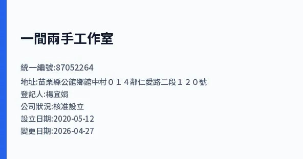 一間兩手工作室的照片-統編 87052264(苗栗縣) 公司登記資料與營業項目詳細圖表
