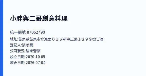 小胖與二哥創意料理的照片-統編 87052790(苗栗縣) 公司登記資料與營業項目詳細圖表