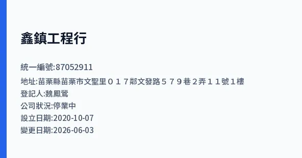 鑫鎮工程行的照片-統編 87052911(苗栗縣) 公司登記資料與營業項目詳細圖表