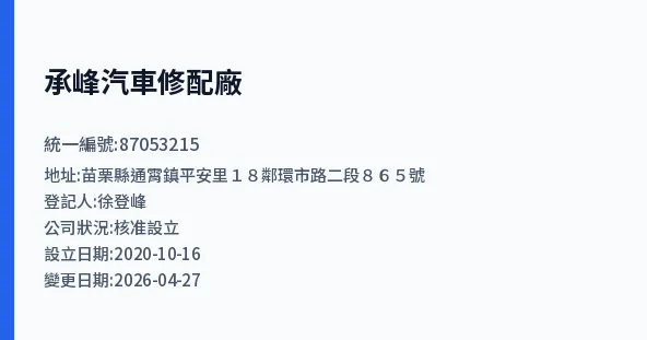 承峰汽車修配廠的照片-統編 87053215(苗栗縣) 公司登記資料與營業項目詳細圖表