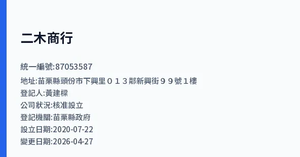二木商行的照片-統編 87053587(苗栗縣) 公司登記資料與營業項目詳細圖表