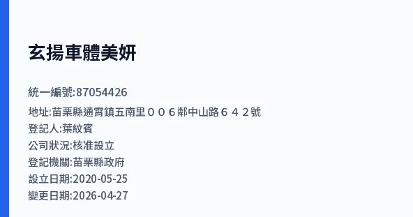 玄揚車體美妍的照片-統編 87054426(苗栗縣) 公司登記資料與營業項目詳細圖表