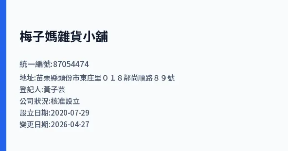 梅子媽雜貨小舖的照片-統編 87054474(苗栗縣) 公司登記資料與營業項目詳細圖表