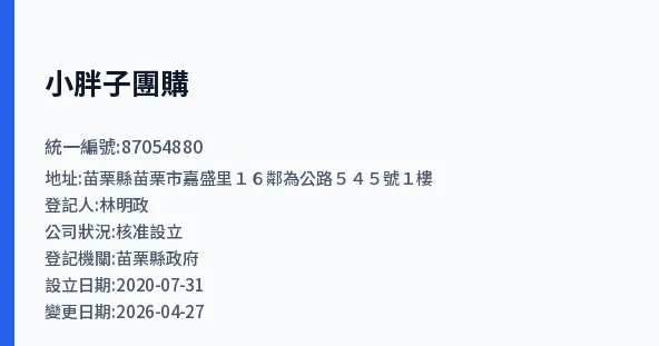 小胖子團購的照片-統編 87054880(苗栗縣) 公司登記資料與營業項目詳細圖表