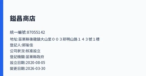 鎰昌商店的照片-統編 87055142(苗栗縣) 公司登記資料與營業項目詳細圖表