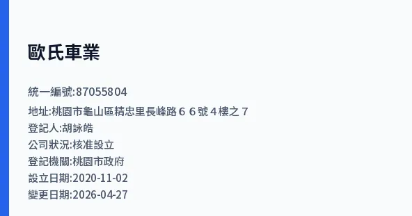 歐氏車業的照片-統編 87055804(桃園市) 公司登記資料與營業項目詳細圖表