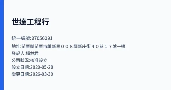 世達工程行的照片-統編 87056091(苗栗縣) 公司登記資料與營業項目詳細圖表