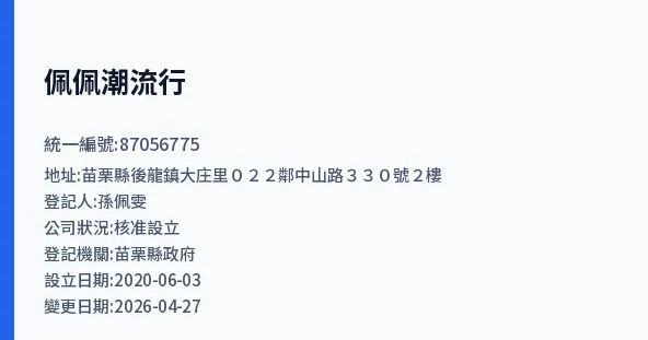 佩佩潮流行的照片-統編 87056775(苗栗縣) 公司登記資料與營業項目詳細圖表