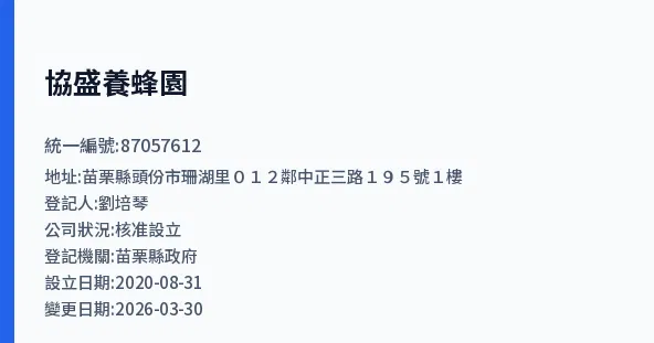 協盛養蜂園的照片-統編 87057612(苗栗縣) 公司登記資料與營業項目詳細圖表