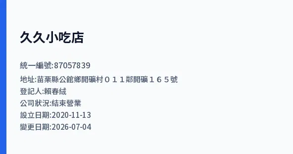 久久小吃店的照片-統編 87057839(苗栗縣) 公司登記資料與營業項目詳細圖表