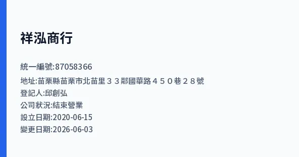 祥泓商行的照片-統編 87058366(苗栗縣) 公司登記資料與營業項目詳細圖表