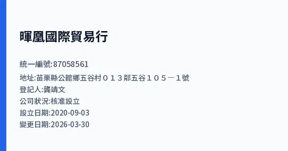 暉凰國際貿易行的照片-統編 87058561(苗栗縣) 公司登記資料與營業項目詳細圖表