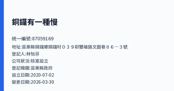 銅鑼有一種慢的照片-統編 87059169(苗栗縣) 公司登記資料與營業項目詳細圖表
