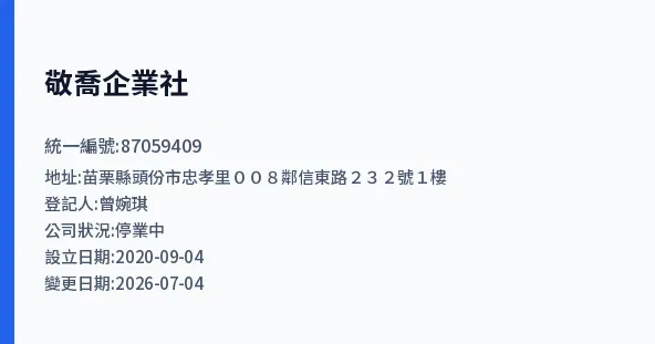 敬喬企業社的照片-統編 87059409(苗栗縣) 公司登記資料與營業項目詳細圖表